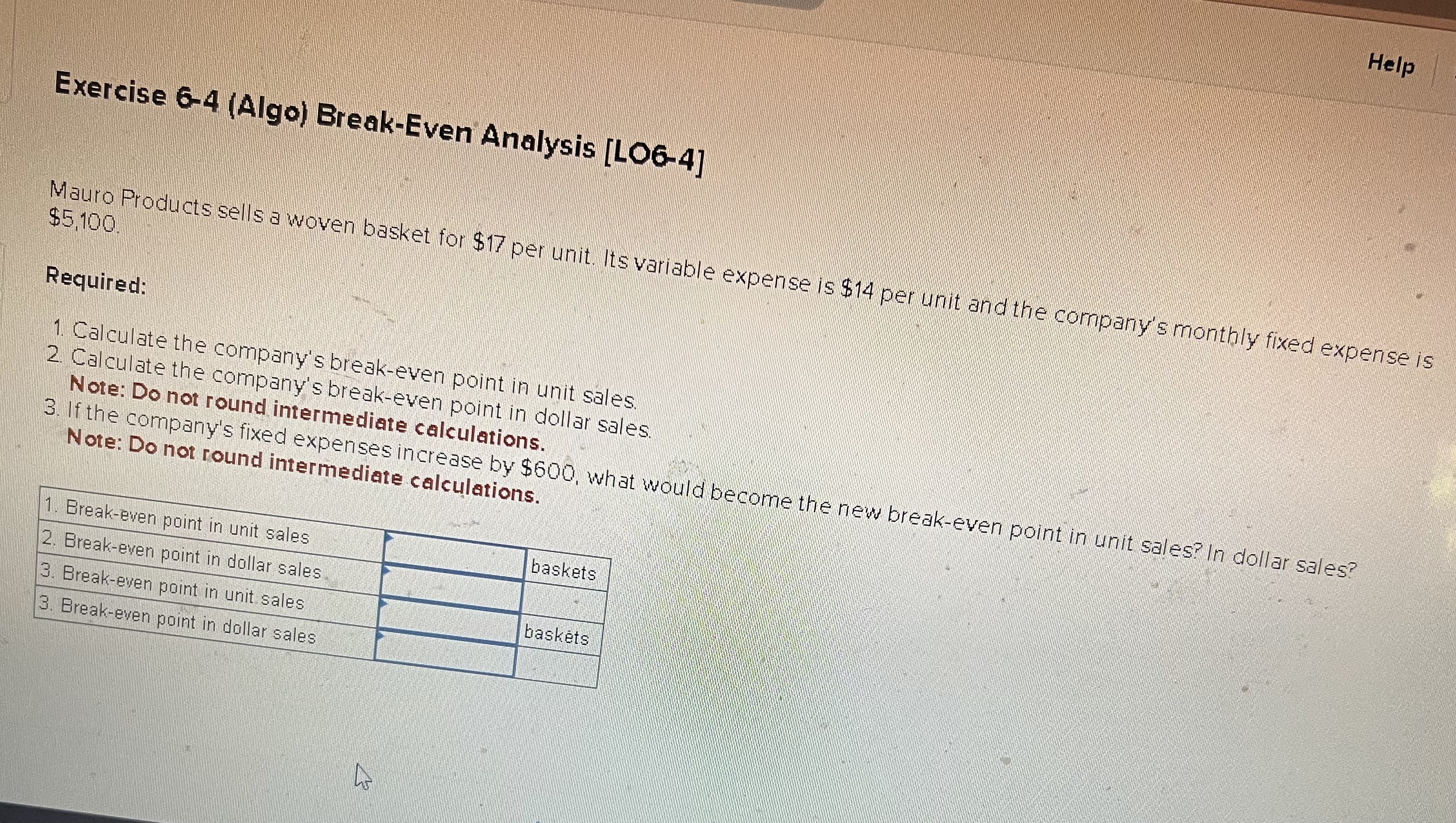 Solved Exercise 6-4 (Algo) ﻿Break-Even Analysis [LO6-4]Mauro | Chegg.com