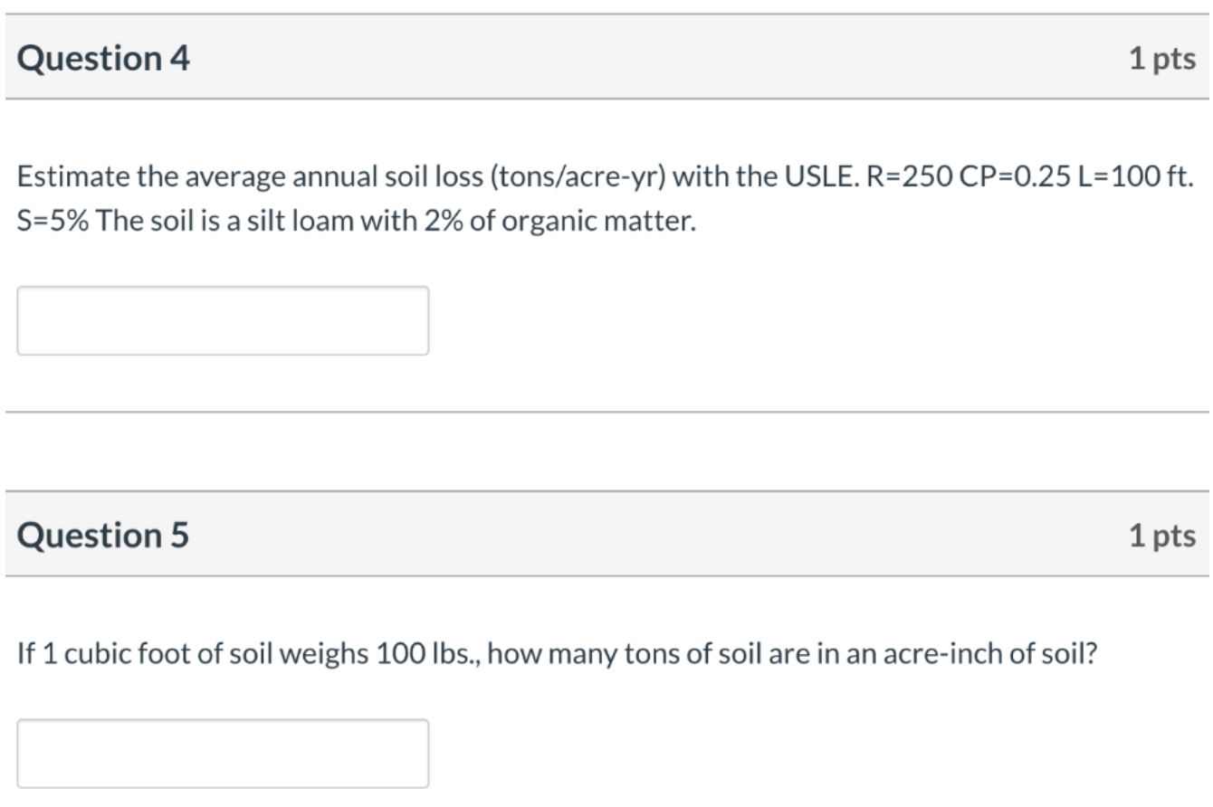Solved Question 4 1 pts Estimate the average annual soil | Chegg.com