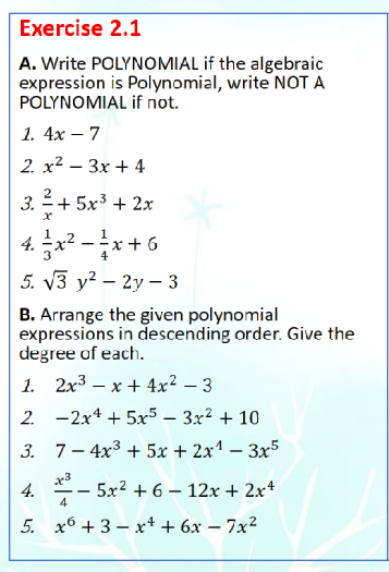 Solved x Exercise 2.1 A. Write POLYNOMIAL if the algebraic | Chegg.com