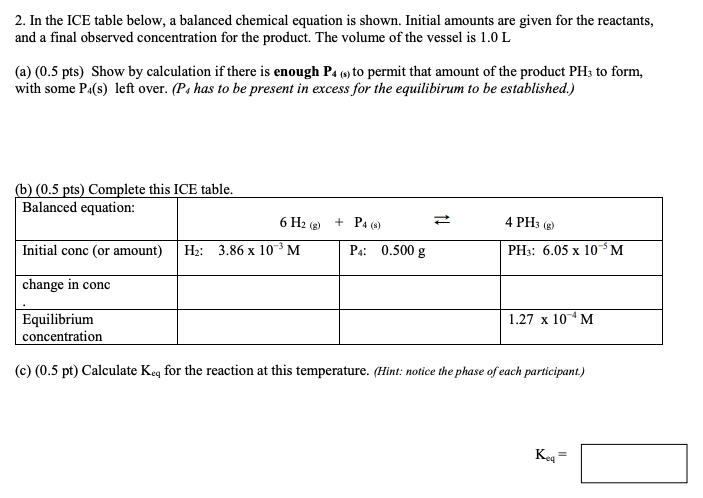 Solved 2. In the ICE table below, a balanced chemical | Chegg.com