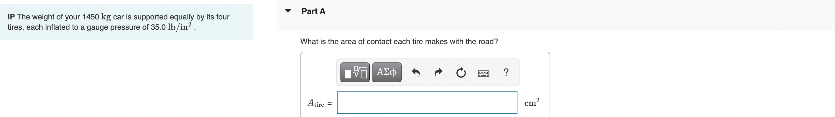 Solved IP The weight of your 1450 kg car is supported | Chegg.com
