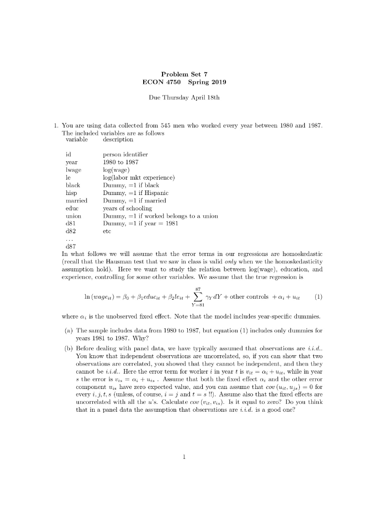 Problem Set 7 ECON 4750 Spring 2019 Due Thursday | Chegg.com