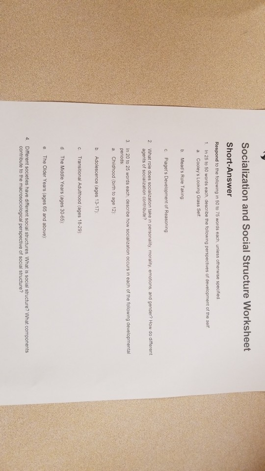 Solved Socialization and Social Structure Worksheet | Chegg.com