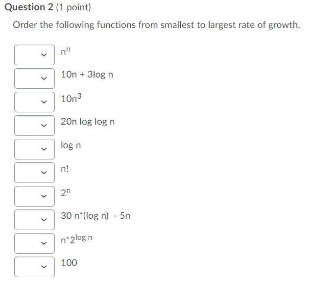 Solved Question 2 (1 point) Order the following functions | Chegg.com