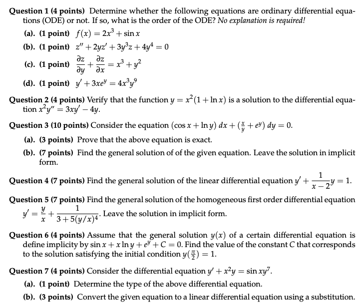 Solved + Question 1 (4 points) Determine whether the | Chegg.com