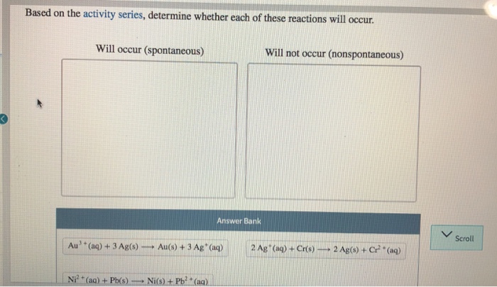 Solved Based On The Activity Series Determine Whether Each