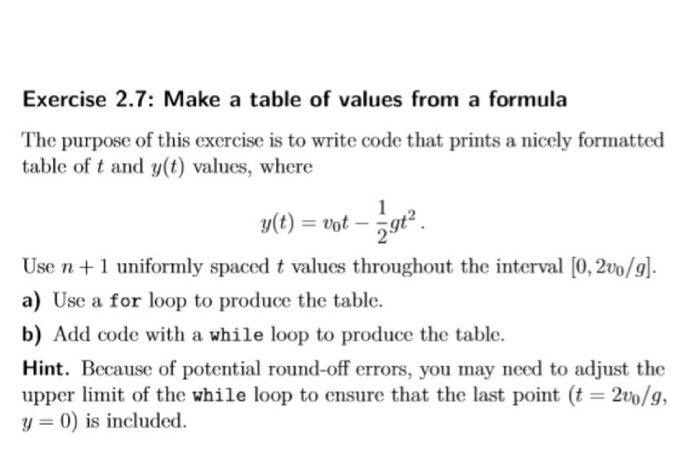Solved Exercise 2.7: Make a table of values from a formula | Chegg.com