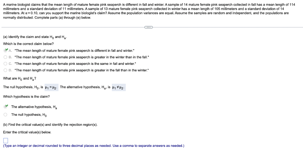 Solved A marine biologist claims that the mean length of | Chegg.com