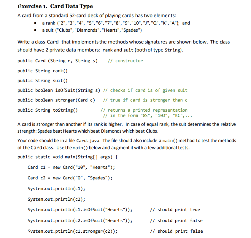 Solved Exercise 1. Card Data Type A card from a standard | Chegg.com