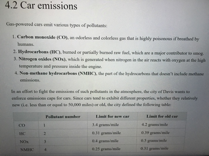Solved 4.2 Car emissions Gas-powered cars emit various types | Chegg.com