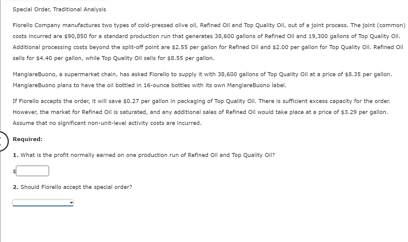 Solved Special Order, Traditional Analysis Fiorello Company | Chegg.com