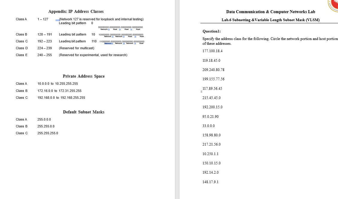 Solved Question1: Specify the address class for the | Chegg.com