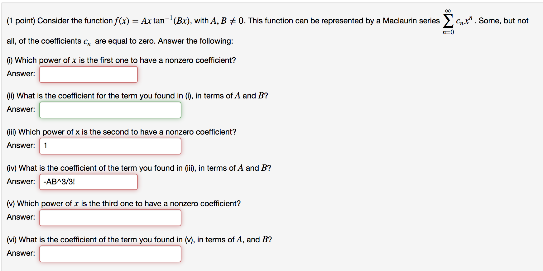 Solved (1 point) Consider the function f(x) = Axtan-?(Bx), | Chegg.com
