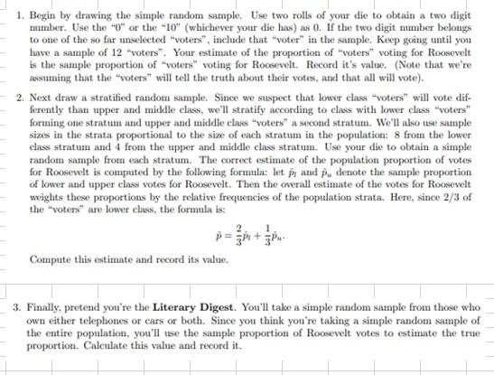 1. Begin by drawing the simple random sample. Use two | Chegg.com