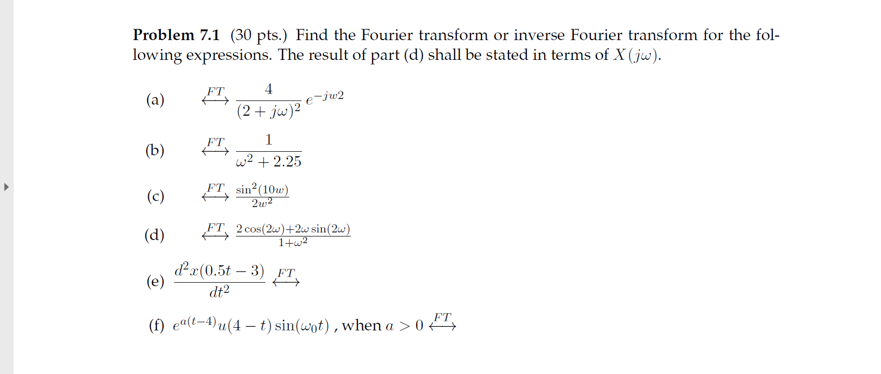 Solved Problem 7.1 (30 pts.) Find the Fourier transform or | Chegg.com