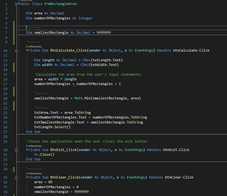 Solved Public Class frmRectangleArea Dim area As Decimal Dim | Chegg.com
