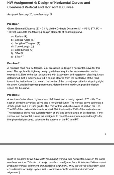 Solved HW Assignment 4: Design of Horizontal Curves and | Chegg.com