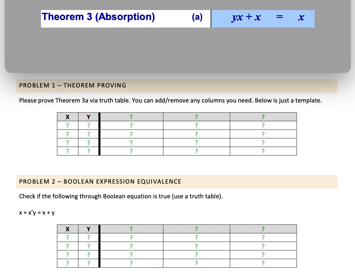 Solved Theorem 3 (Absorption) (a) yx + x = х PROBLEM 1 - | Chegg.com
