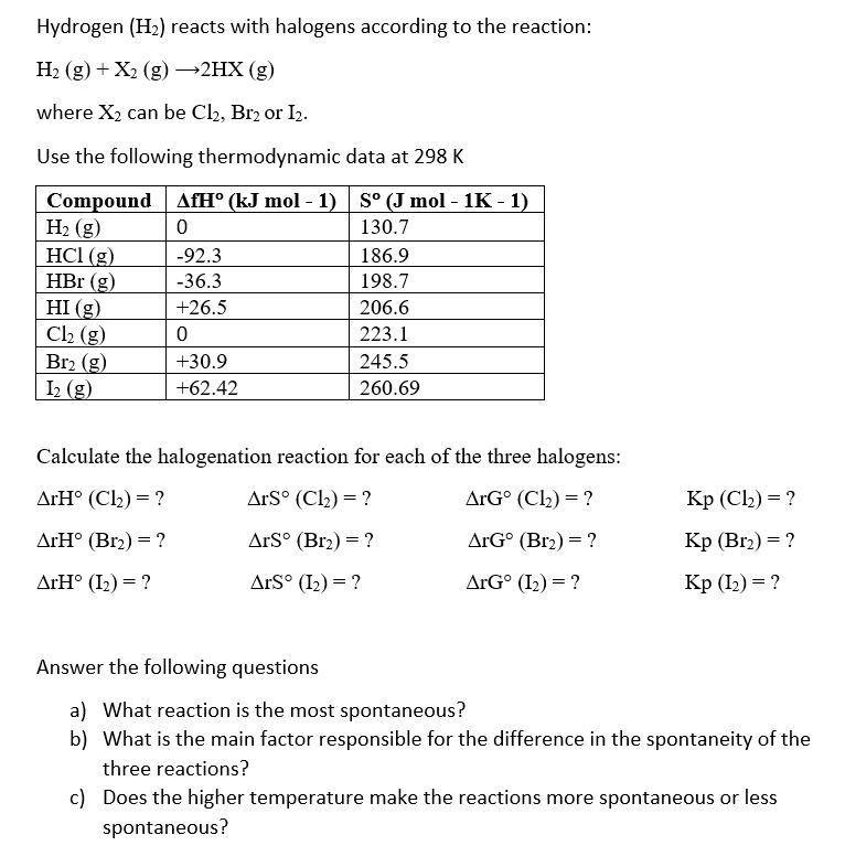 Solved Hydrogen (H2) reacts with halogens according to the | Chegg.com