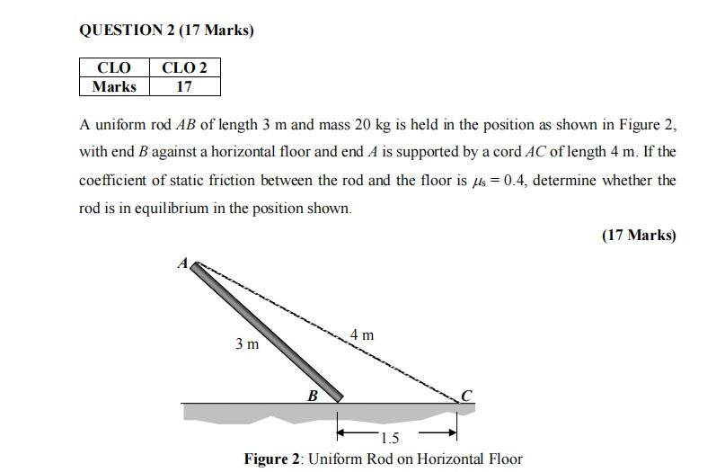 Solved QUESTION 2 (17 Marks) CLO Marks CL02 17 A uniform rod | Chegg.com