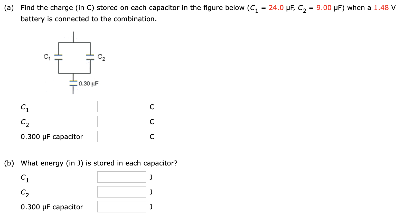 Solved (a) Find the charge (in C) stored on each capacitor | Chegg.com