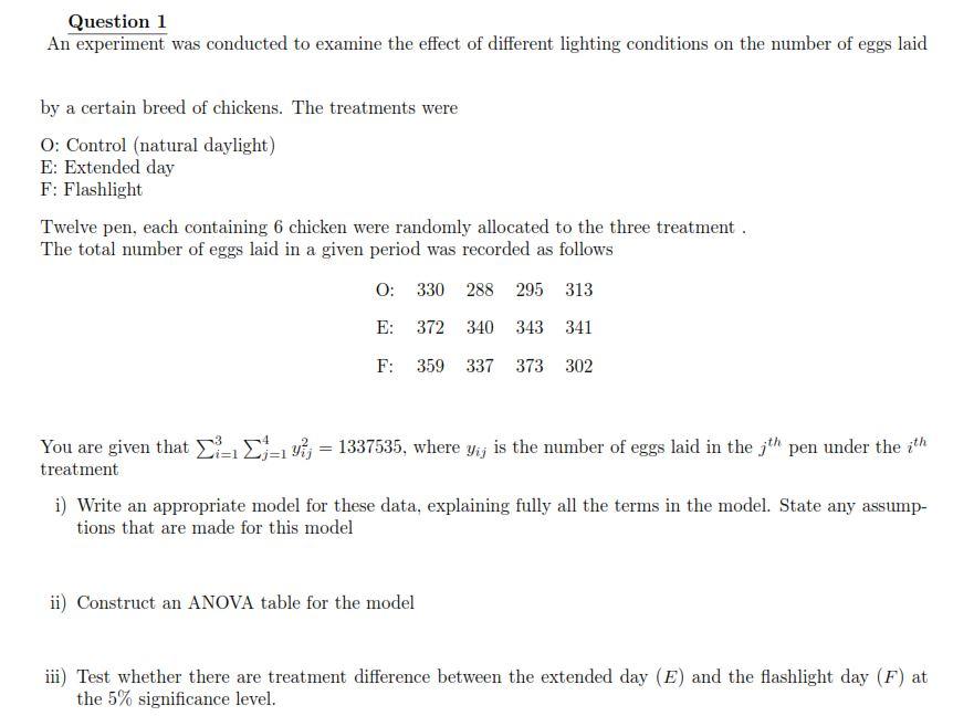 Solved Question 1 An experiment was conducted to examine the | Chegg.com