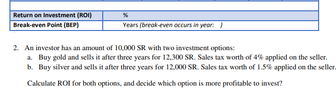 Solved % Return on Investment (ROI) Break-even Point (BEP) | Chegg.com