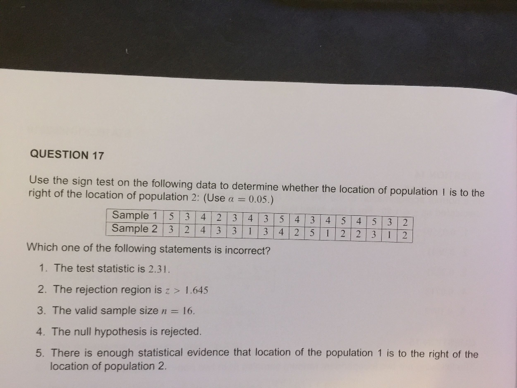 Solved QUESTION 17 Use the sign test on the following data | Chegg.com