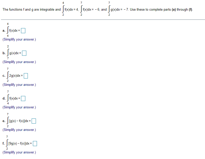 Solved 7 7 The functions f and g are integrable and ff[x]dx | Chegg.com