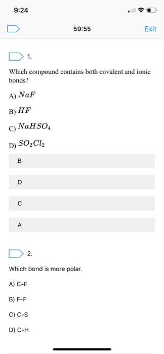 Solved 9:24 11?? 59:55 Exit 1 Which compound contains both | Chegg.com
