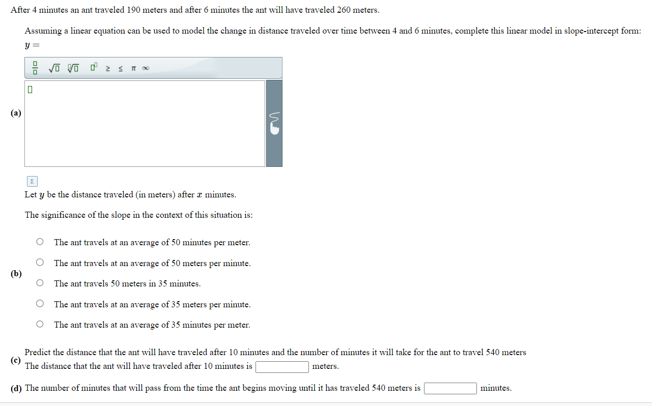 Solved After 4 minutes an ant traveled 190 meters and after | Chegg.com