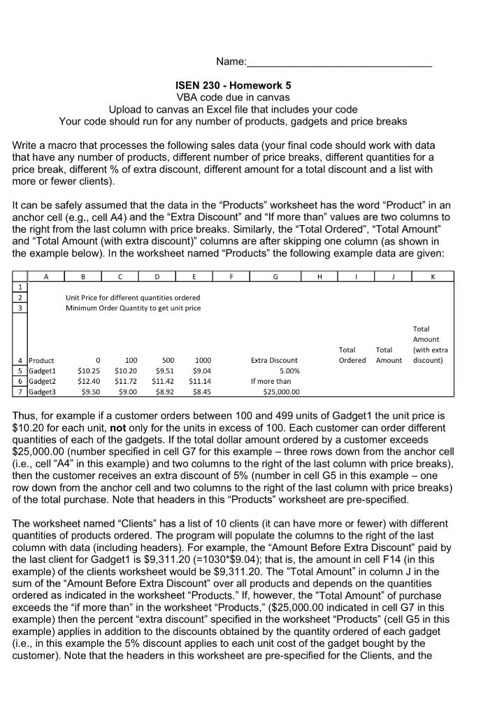 ISEN 230 - Homework 5 VBA code due in canvas Upload | Chegg.com