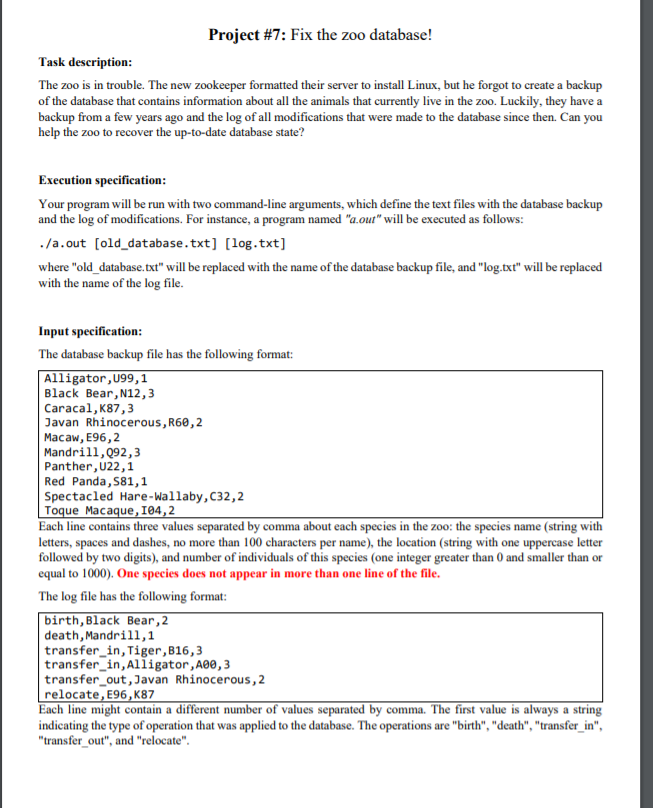 Project #7: Fix the zoo database! Task description: | Chegg.com