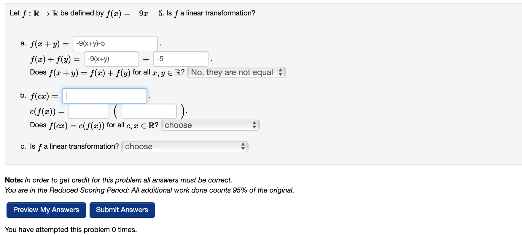 Solved Let f:R→R be defined by f(x)=−9x−5. Is f a linear | Chegg.com
