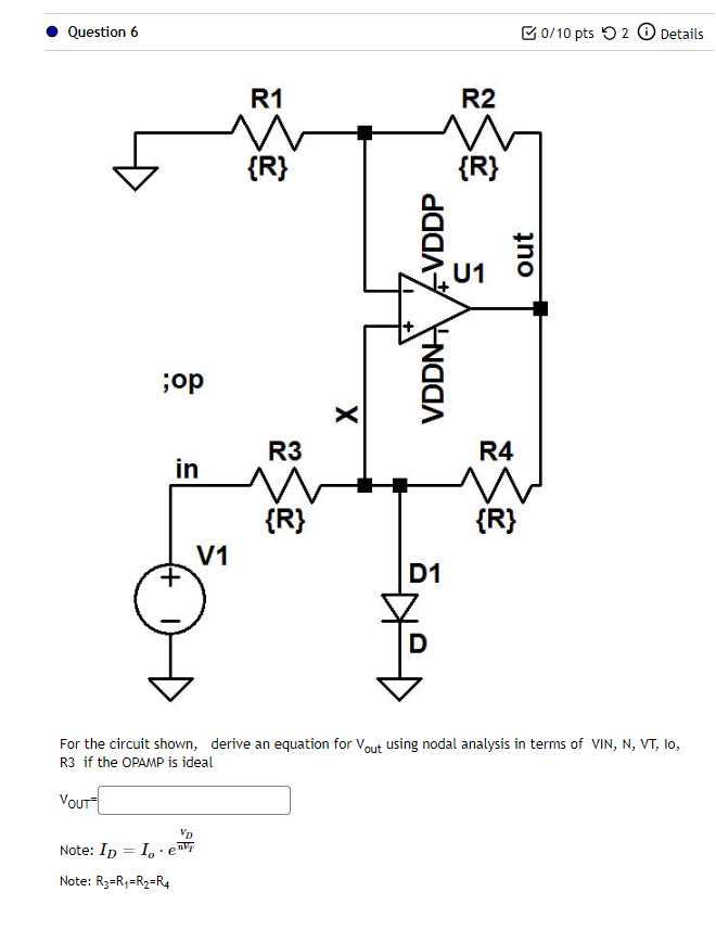 Solved For the circuit shown, derive an equation for Vout | Chegg.com
