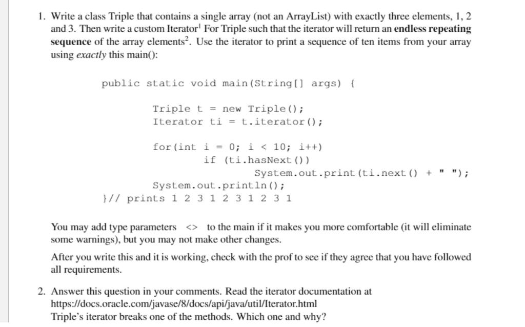 Solved 1. Write a class Triple that contains a single array | Chegg.com