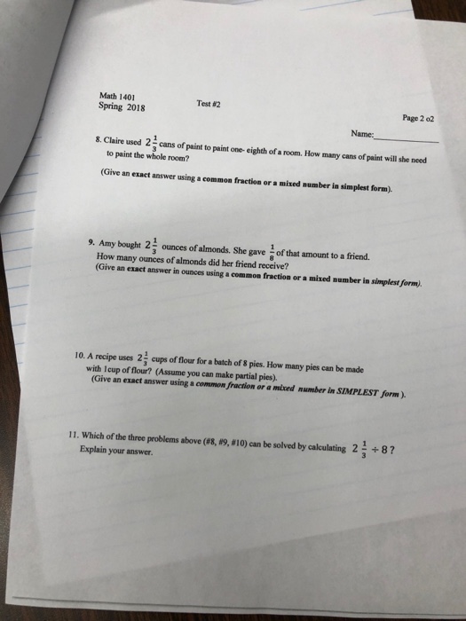 Solved Math 1401 Spring 2018 Test #2 Page 2 o2 Name: 8. | Chegg.com