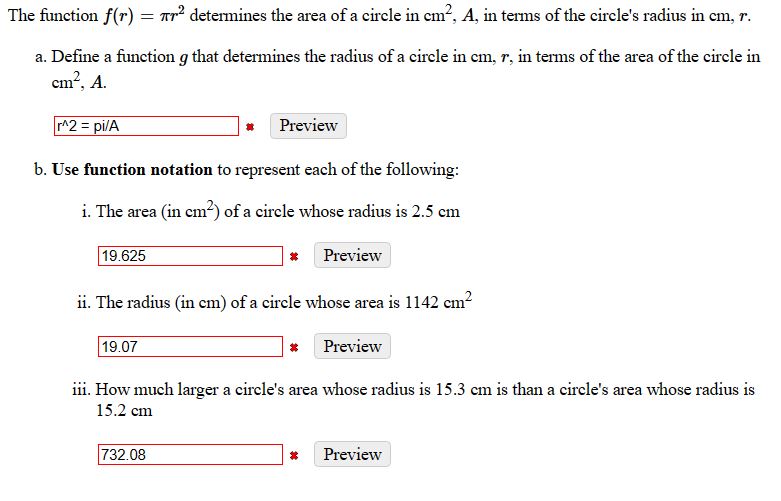 Solved e function f(r)=πr2 determines the area of a circle | Chegg.com