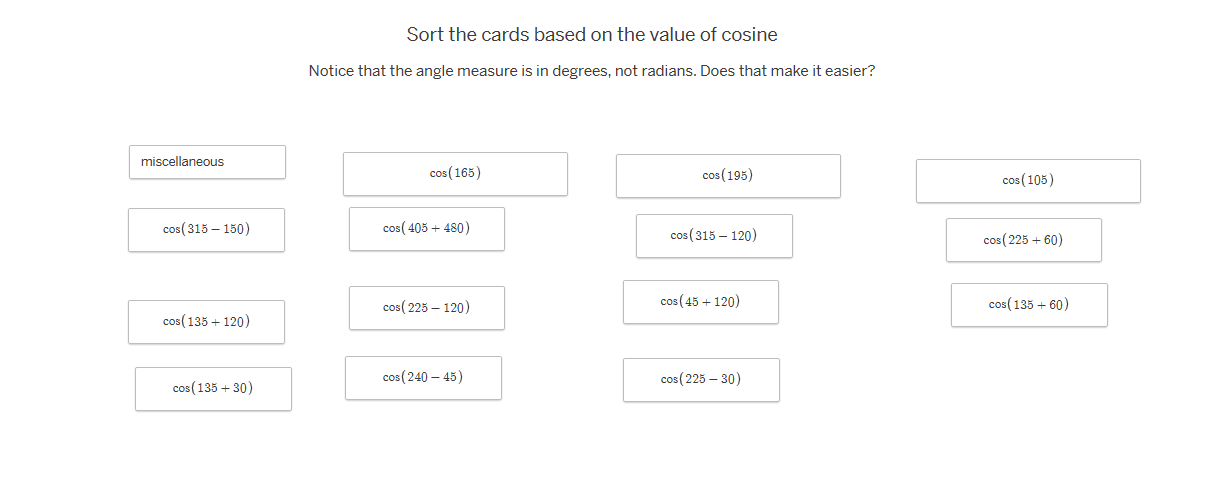 Solved Sort the cards based on the value of cosineNotice | Chegg.com