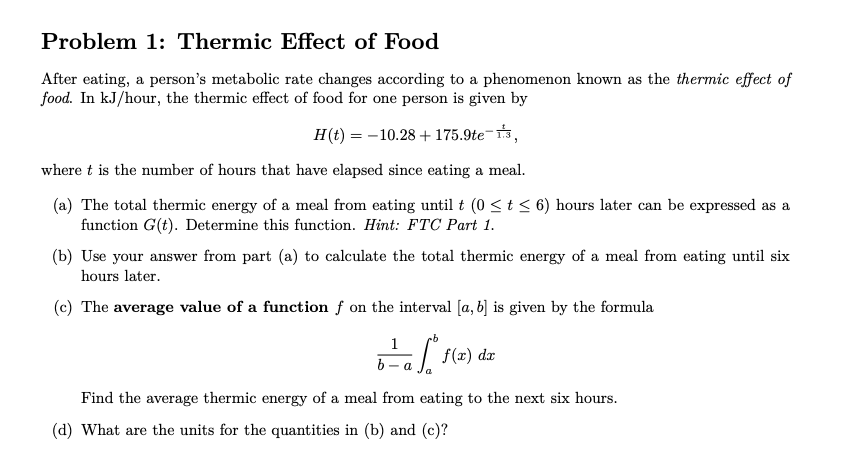 Solved Problem 1: Thermic Effect of Food After eating, a | Chegg.com