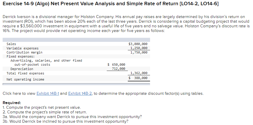 Solved Exercise 14-9 (Algo) Net Present Value Analysis and | Chegg.com