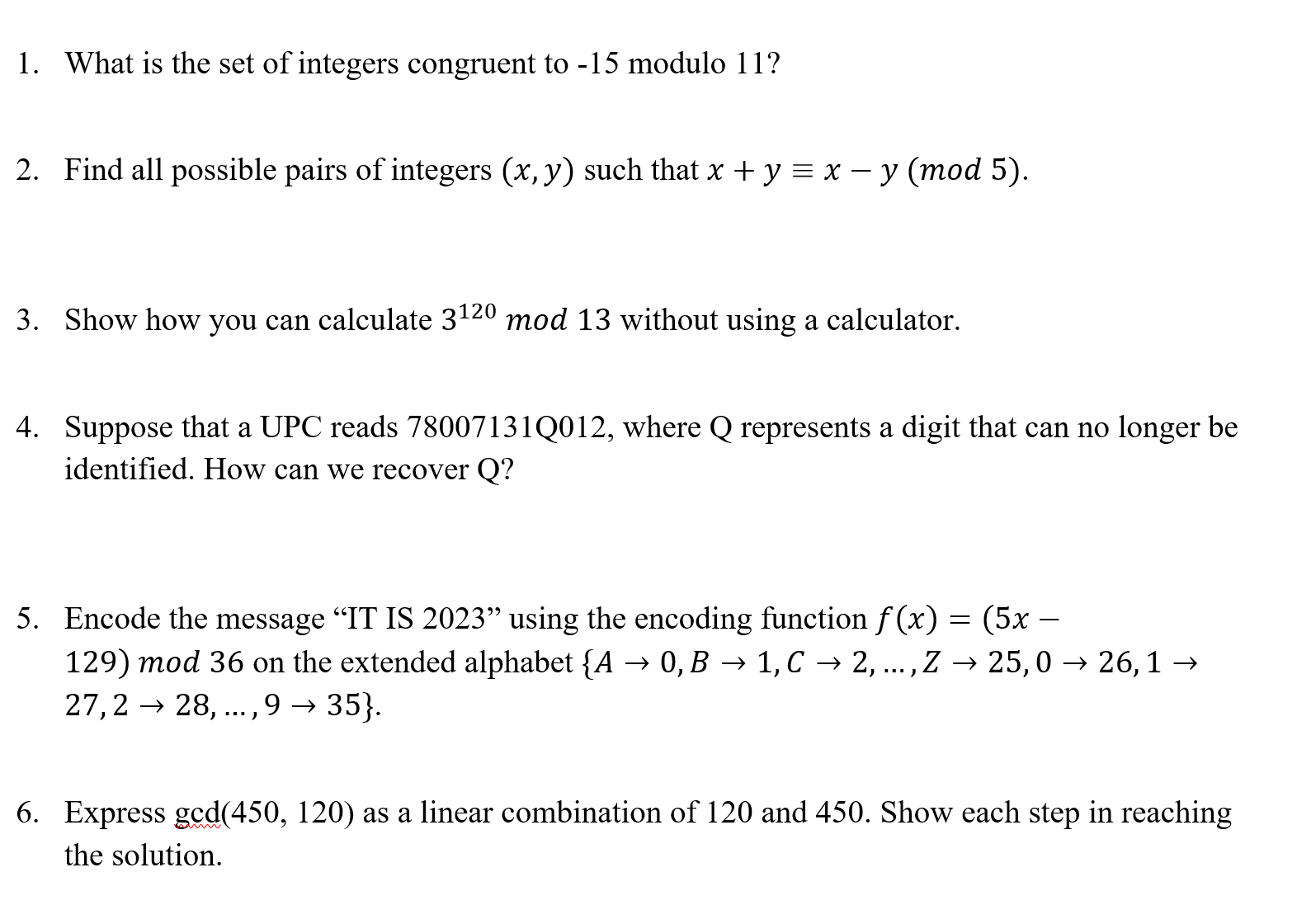 Solved 1. What is the set of integers congruent to -15 | Chegg.com