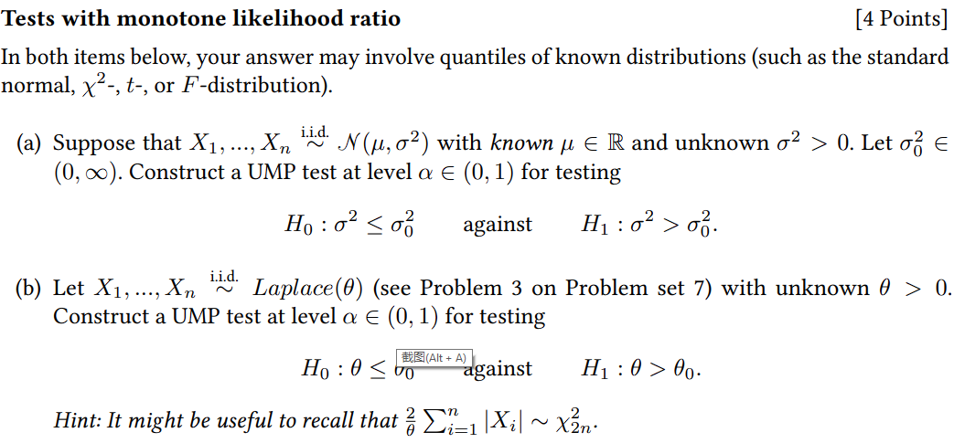 Solved Tests with monotone likelihood ratio [4 Points] In | Chegg.com