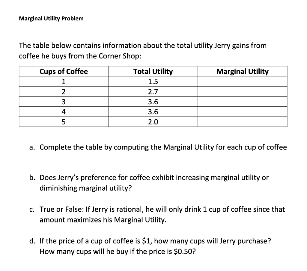 Solved Marginal Utility Problem The table below contains | Chegg.com