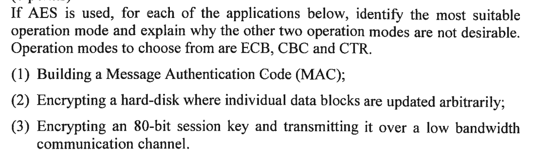 Solved If AES is used, for each of the applications below, | Chegg.com