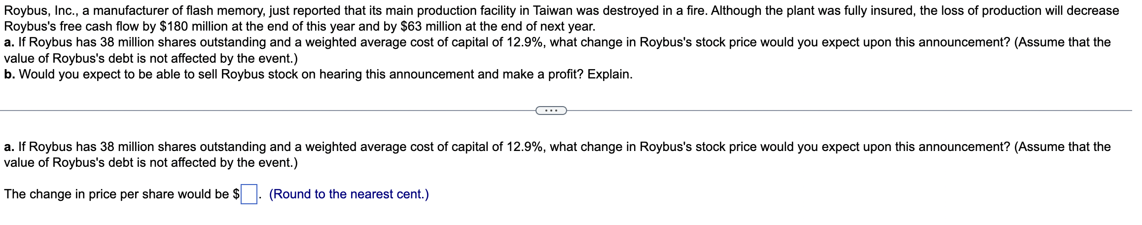 Solved Roybus's free cash flow by $180 million at the end of | Chegg.com