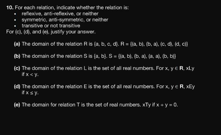 Solved 10. For each relation, indicate whether the relation | Chegg.com
