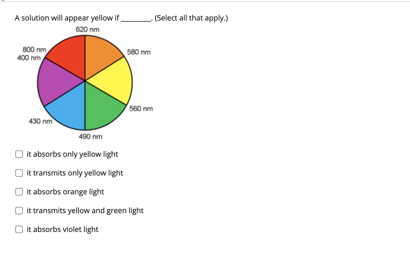 Solved A solution will appear yellow if 620 nm (Select all | Chegg.com