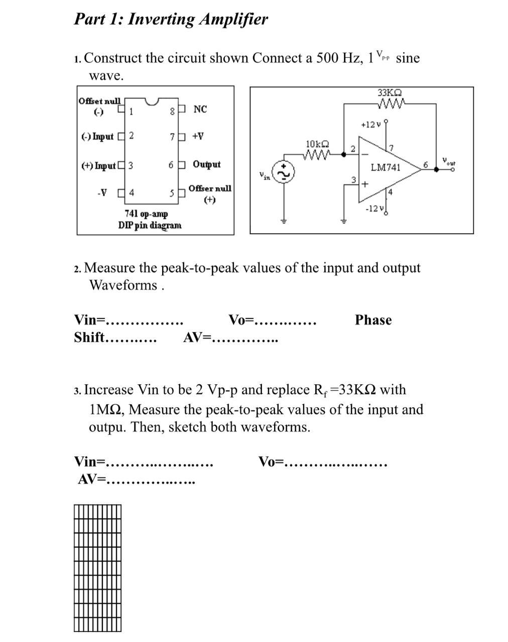 Solved Part 1: Inverting Amplifier 1. Construct the circuit | Chegg.com