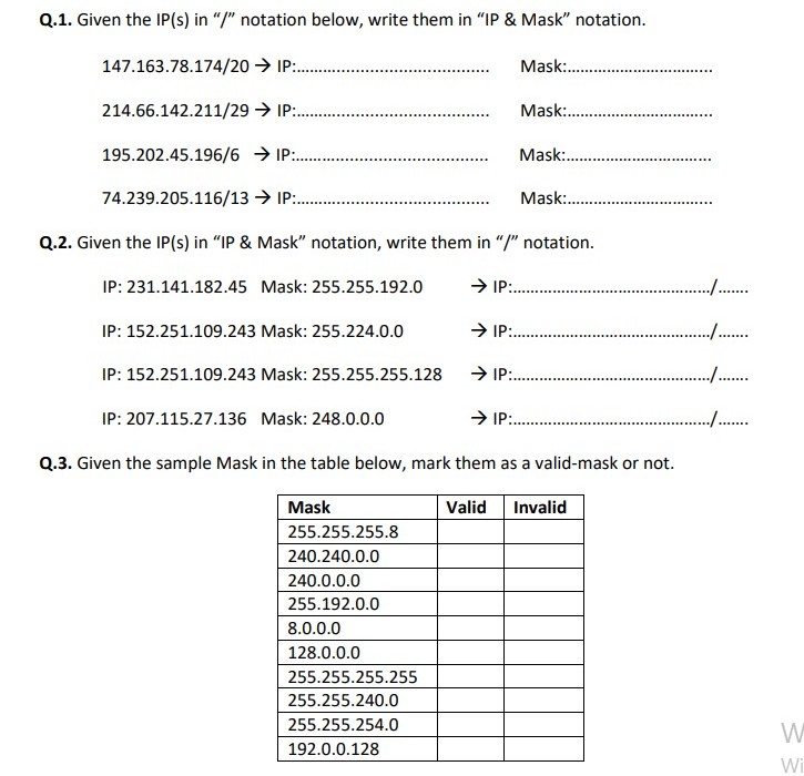 Solved Q.1. ﻿Given the IP(s) ﻿in "/" ﻿notation below, write | Chegg.com